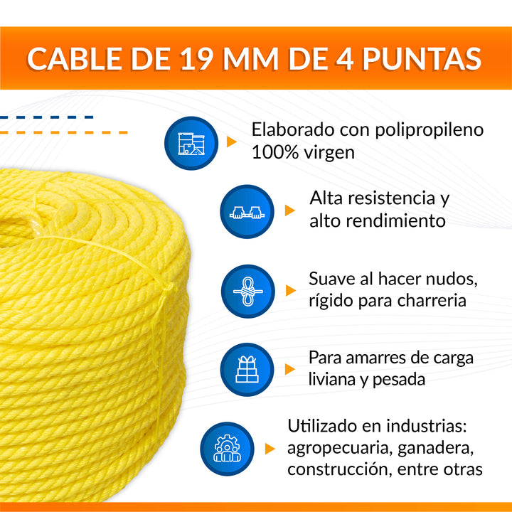 Cable de Polipropileno de 19 mm con 4 puntas amarillo – Packsys